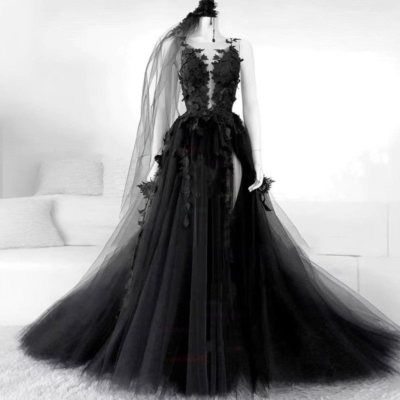 Black Goth Prom Dress - Backless & Floral