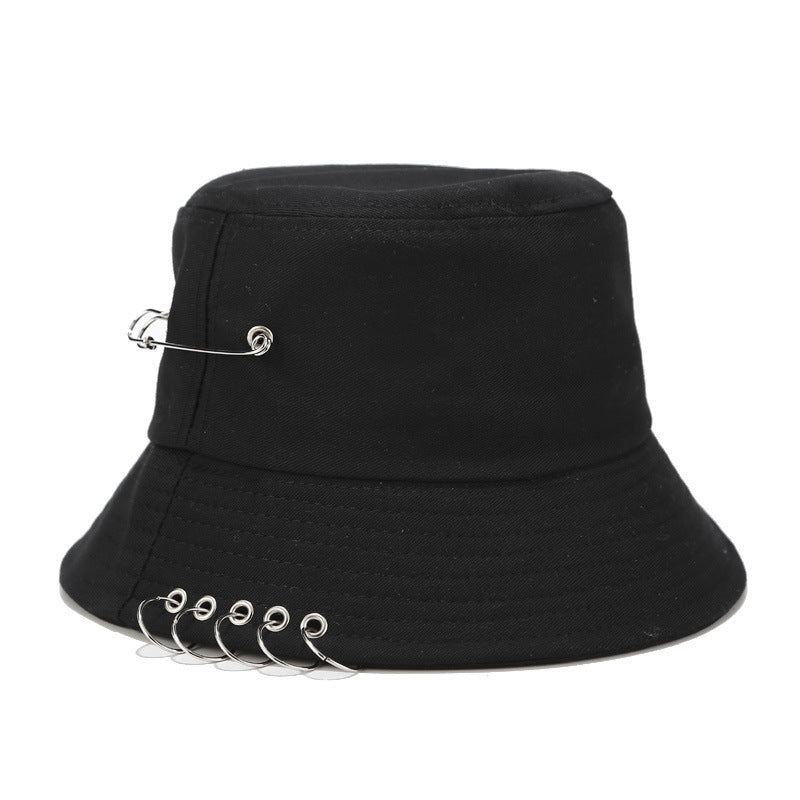 Goth Black Bucket Hat Metal O Rings & Safety Pins