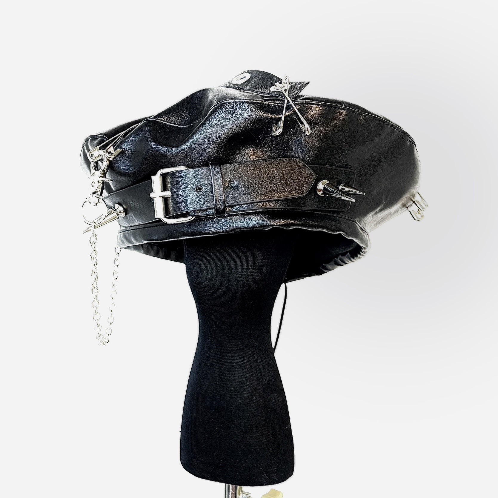 Black Goth Beret Vegan Leather Buckle