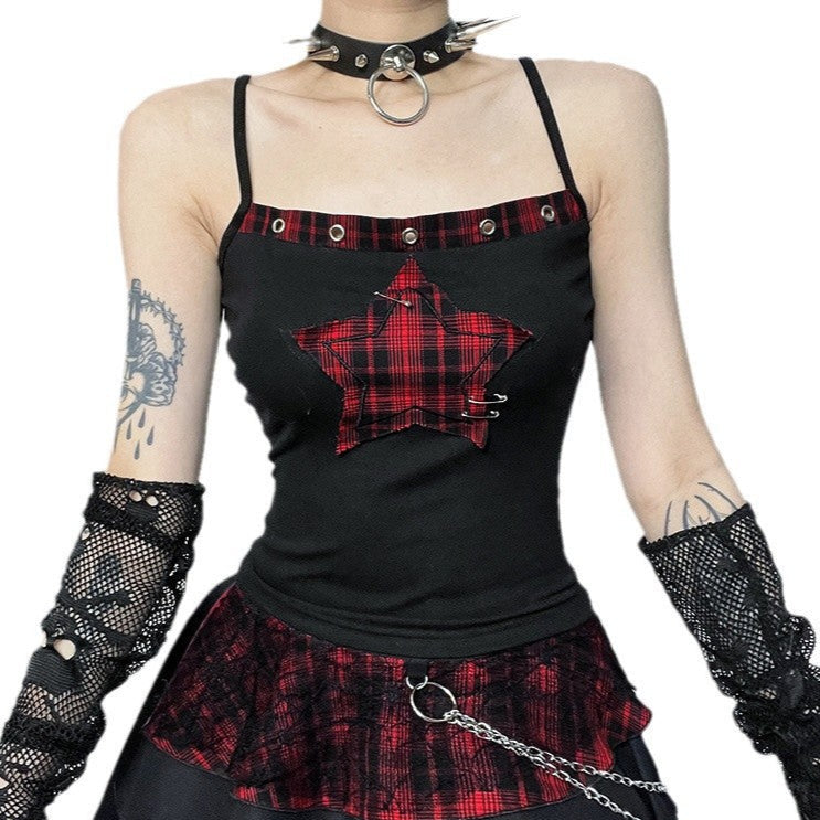 Goth Rock Top - Checked Red Star